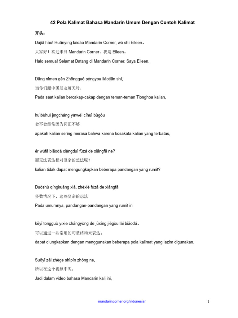 42 Common Chinese Sentence Patterns Indonesian | PDF