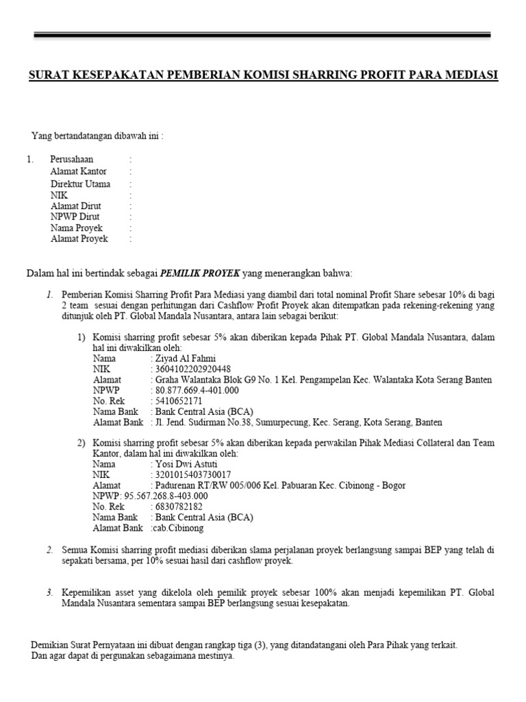 Surat Kesepakatan Fee Mediasi | PDF