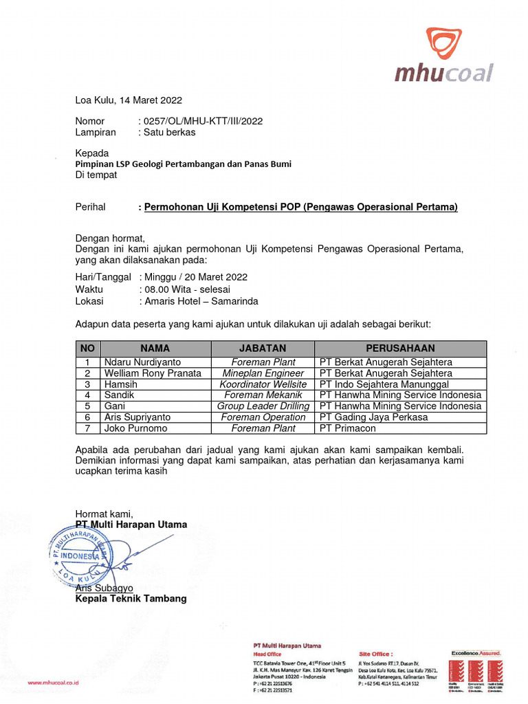 0257-KTT-Permohonan Uji Kompetensi POP Ke LSP Periode Maret 2022 | PDF | Sains & Matematika