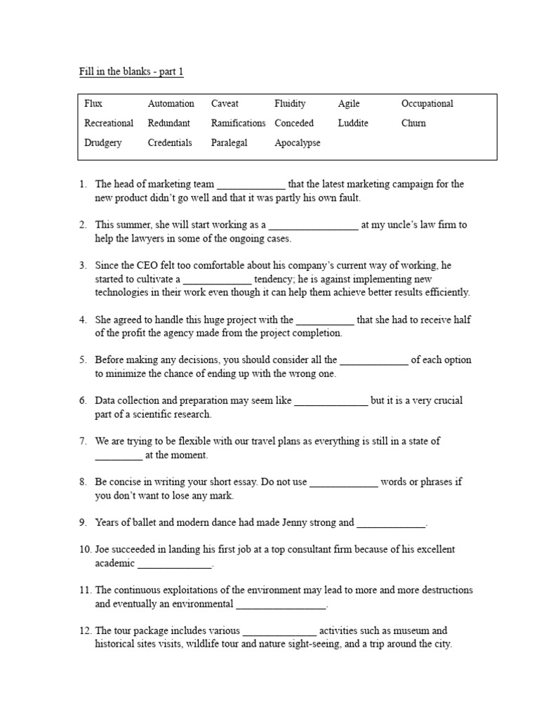 Fill in the Blanks Exercise for Vocabulary | PDF