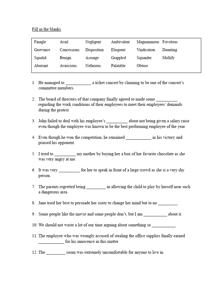 Vocabulary Questions - Fill in The Blanks and Matching | PDF
