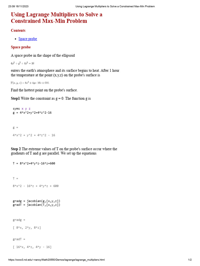 Using Lagrange Multipliers To Solve A Constrained Max-Min Problem | PDF | Numerical Analysis ...