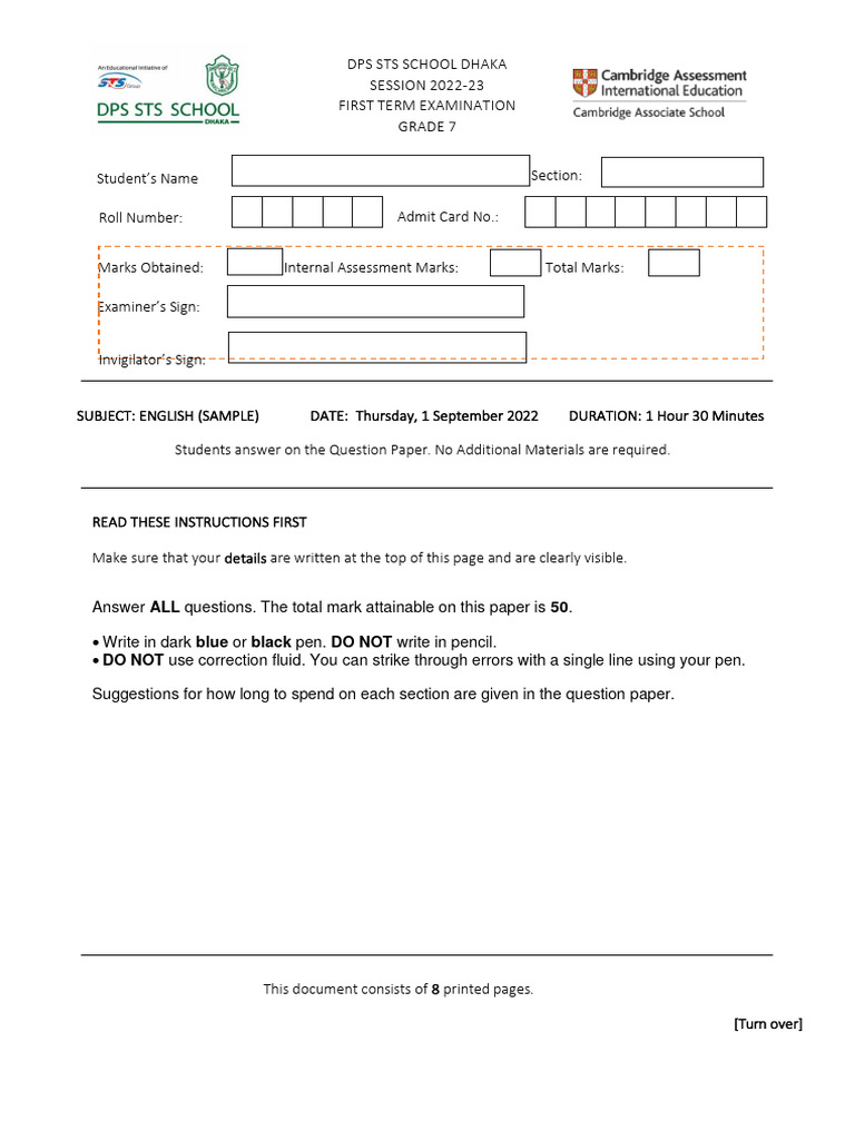 (Sample) G7 English - First Term Examination - 2022-23 | PDF | Ellipsis ...