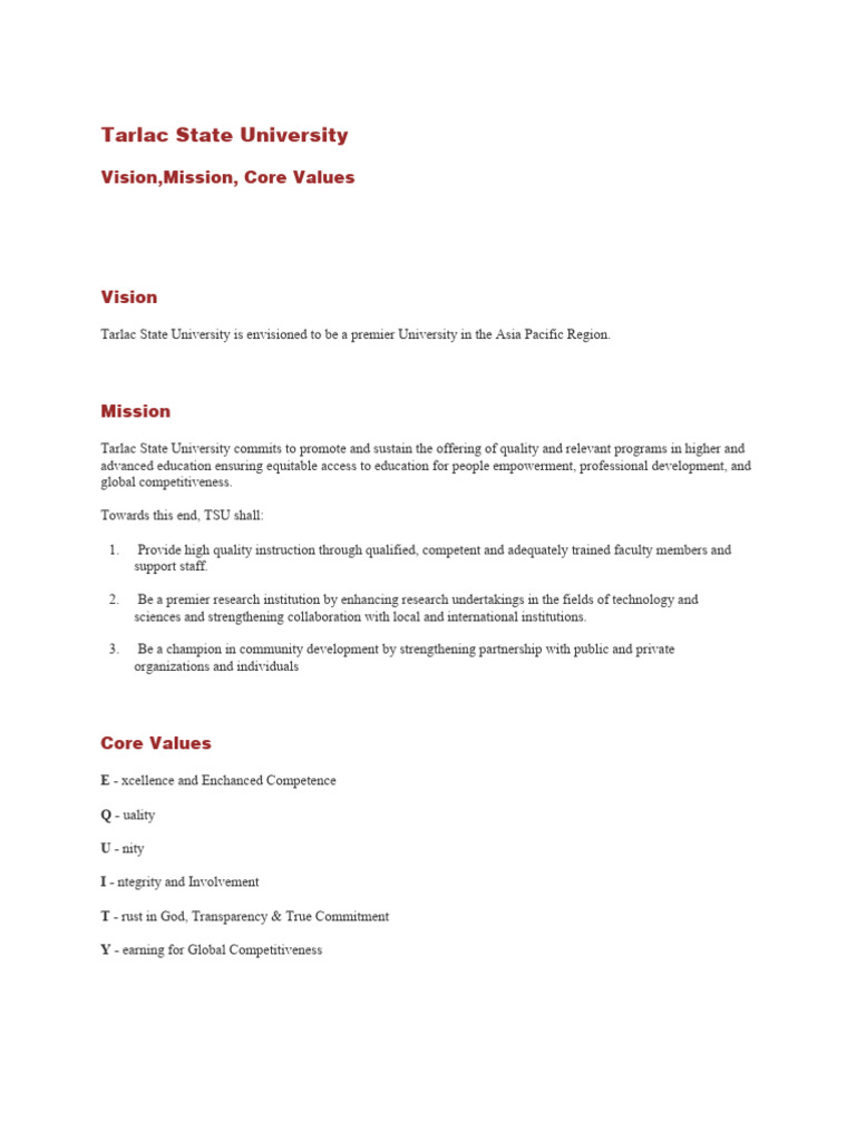 Tarlac State University Vision, Mission, Core Values | PDF