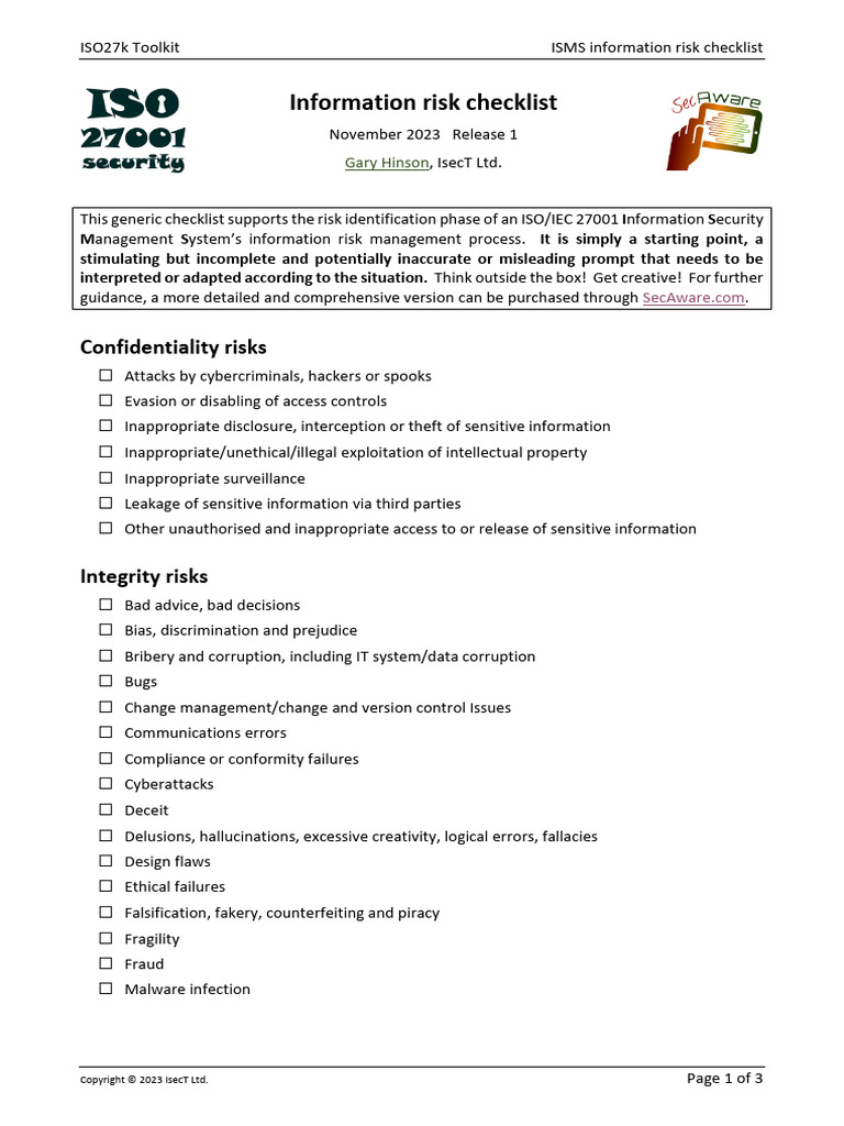 ISO27k ISMS 6.1.2 Information Risk Catalogue 2023 | PDF | Computer Security | Security