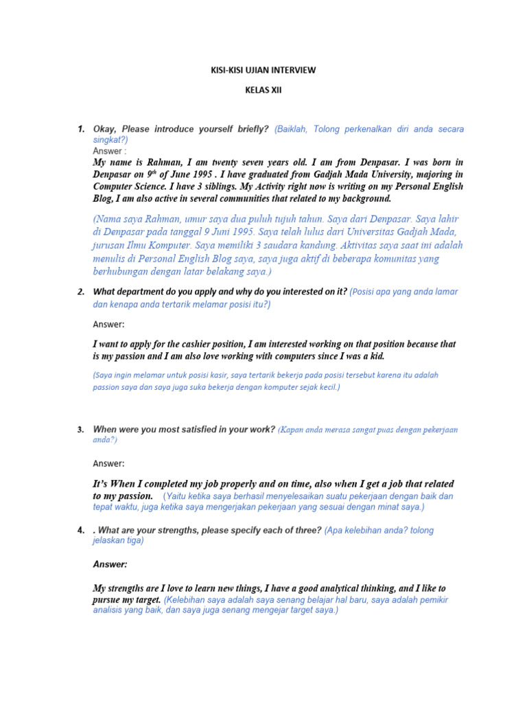 KISI Kisi Interview | PDF | Pengembangan Diri