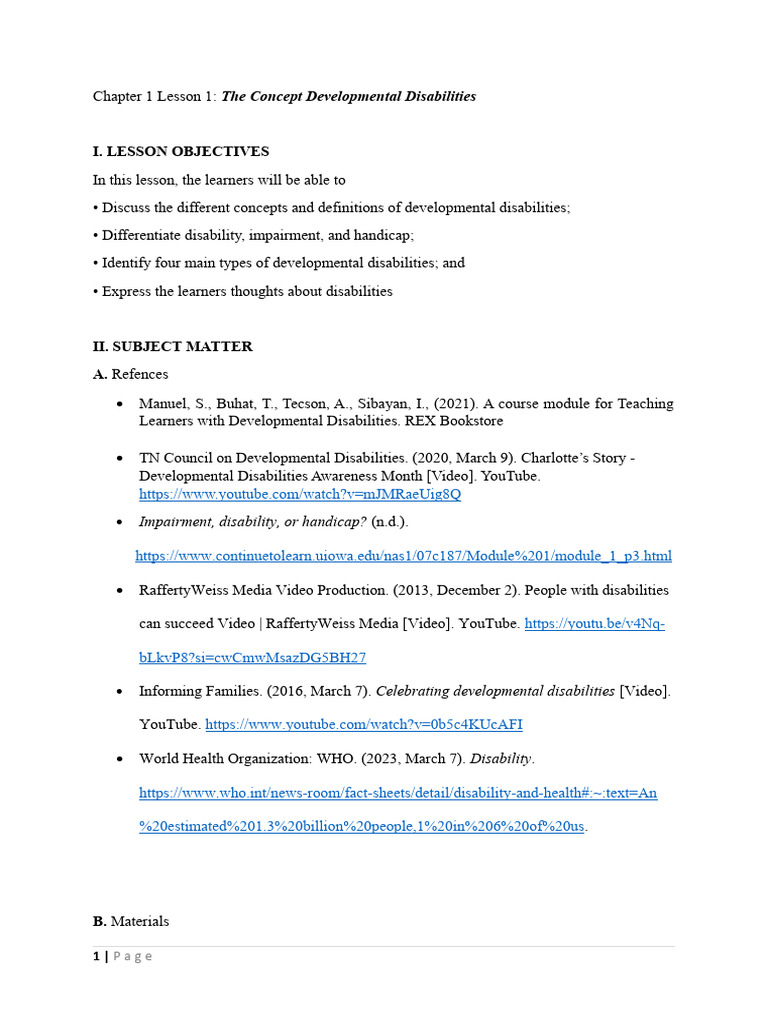 Chapter 1 Lesson 1 The Concept of Developmental Disabilities | PDF ...