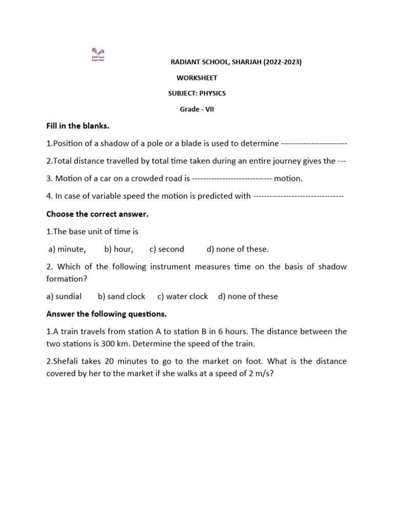 Physics Worksheet - Grade 7 | PDF
