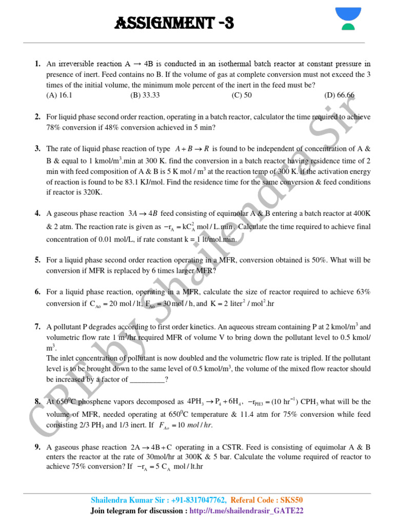 Assignment-3 CRE by Shailendra Sir | PDF | Chemical Reactor | Chemical Reaction Engineering