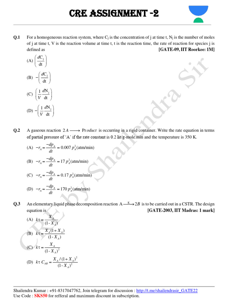 Assignment-2 CRE by Shailendra Sir | PDF | Chemical Reactor | Reaction Rate Constant