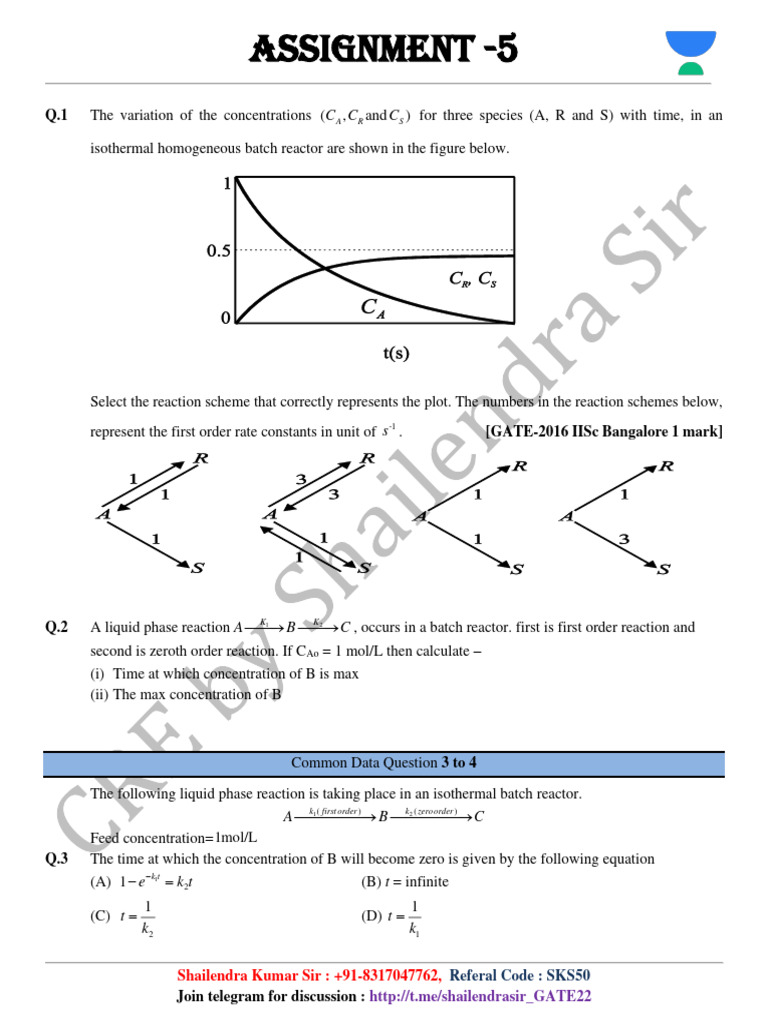 Assignment-5 CRE by Shailendra Sir | PDF | Chemical Reactor | Chemical Reactions