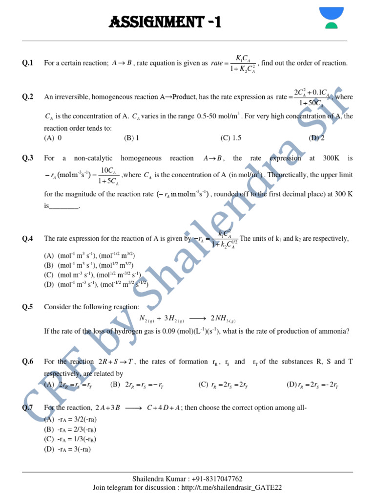 Assignment-1 CRE by Shailendra Sir | PDF | Reaction Rate | Reaction Rate Constant