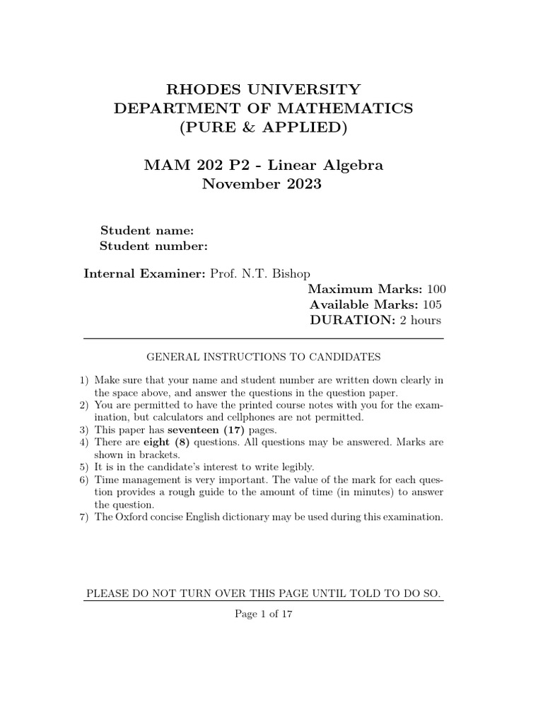 ExamSolutionsLA Rhodes Exam | PDF | Eigenvalues And Eigenvectors ...