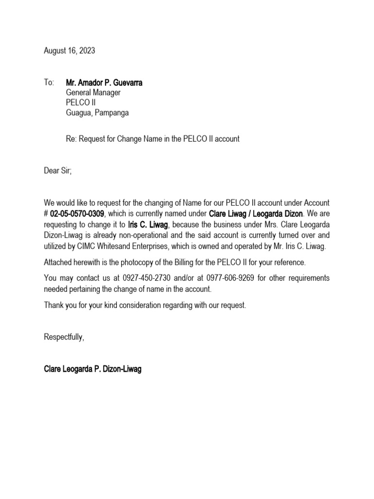Request to Change PELCO II Account Name | PDF