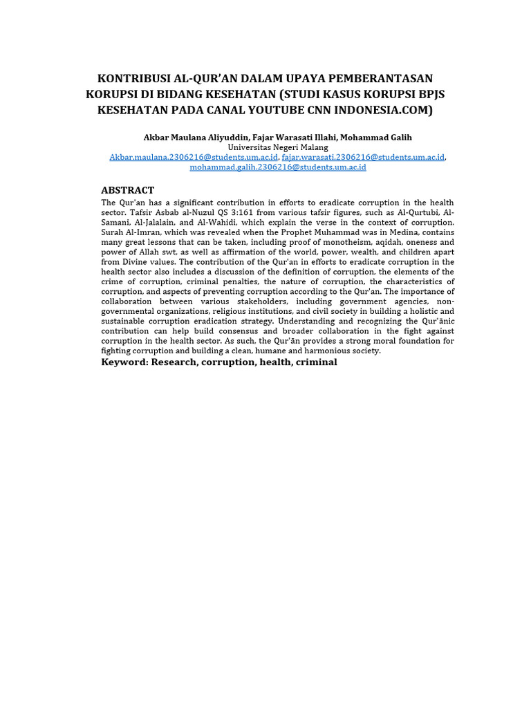 Kelompok 10 Kontribusi Al-Qur'an Dalam Upaya Pemberantasan Korupsi Di Bidang Kesehatan (Studi ...