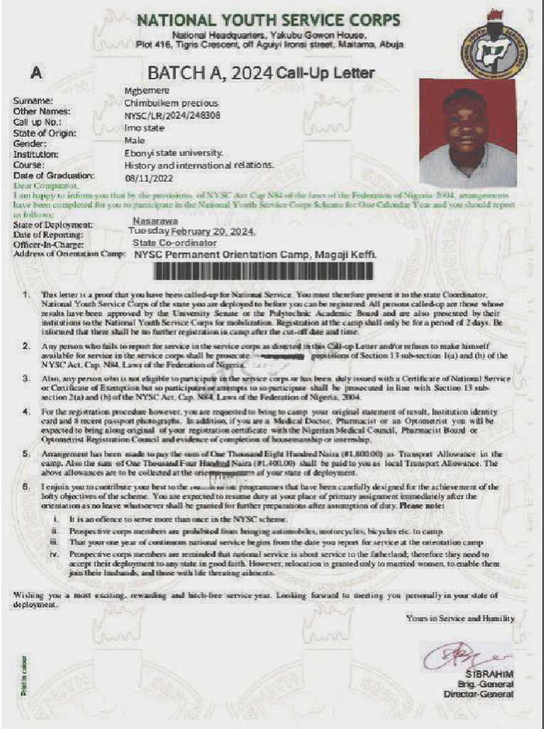 NYSC Call Up | PDF