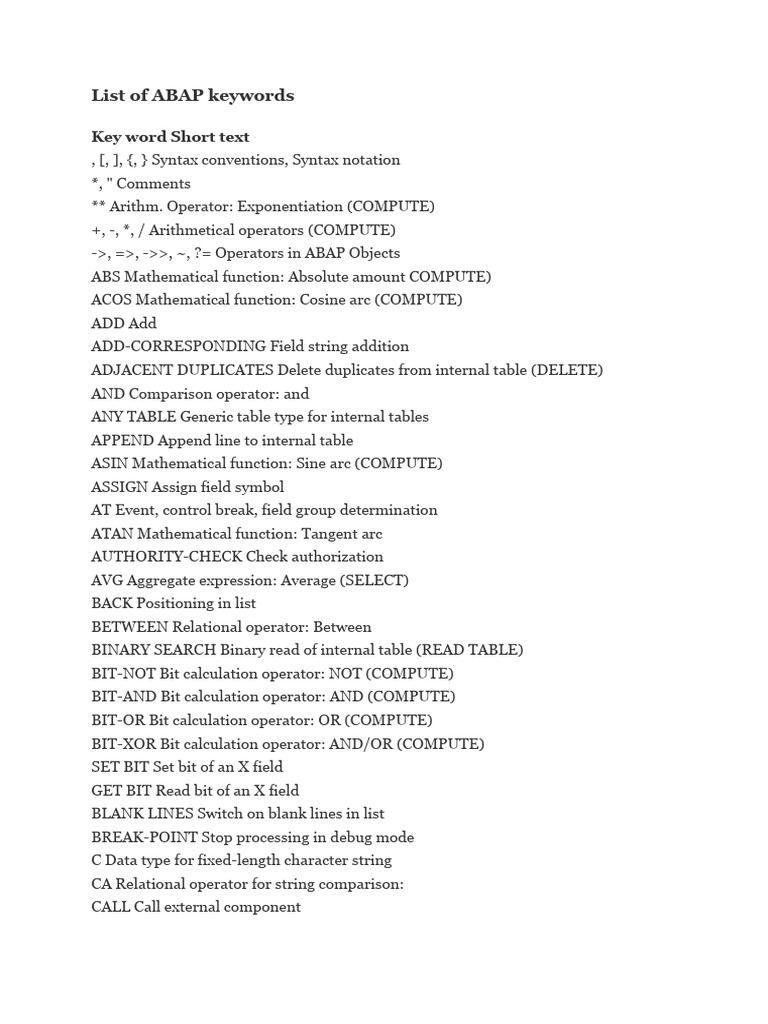 List of ABAP Keywords | PDF | Relational Database | Parameter (Computer ... List of ABAP Keywords | PDF | Relational Database | Parameter (Computer ...