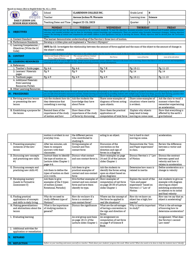 SCIENCE 8-DLL-Week 1 | PDF | Force | Learning