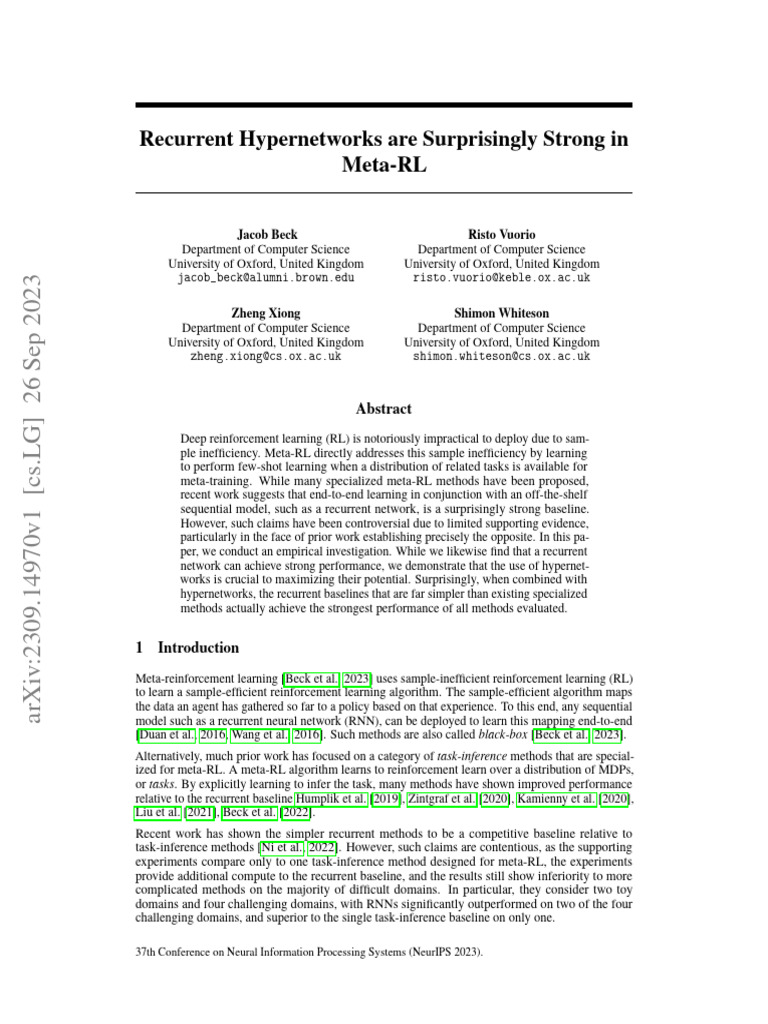 Recurrent Hypernetworks Are Surprisingly Strong in Meta-RL | PDF | Technology & Engineering