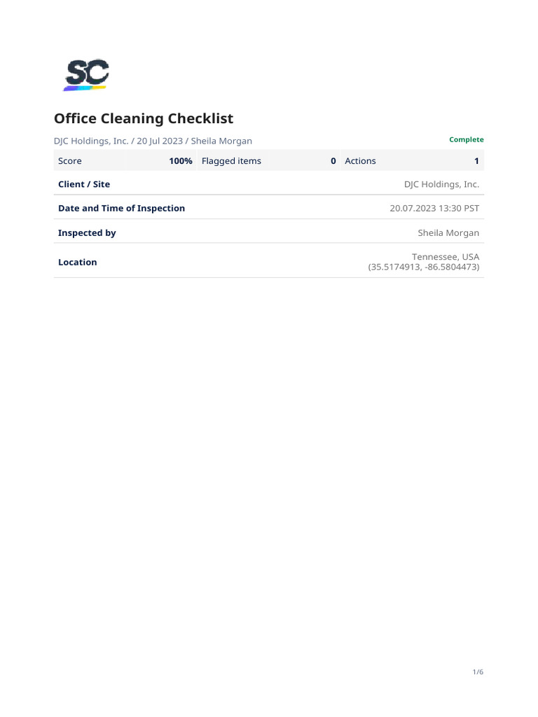 Office Cleaning Checklist Sample Report SafetyCulture | PDF | Bathroom ...