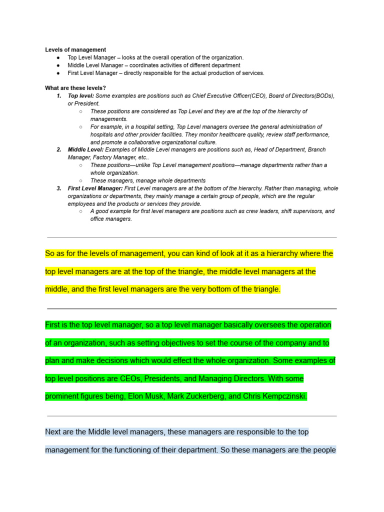 Esquivel, Aaron - NCMB 419 Lec - Levels of Management | PDF | Business | Organizational Behavior