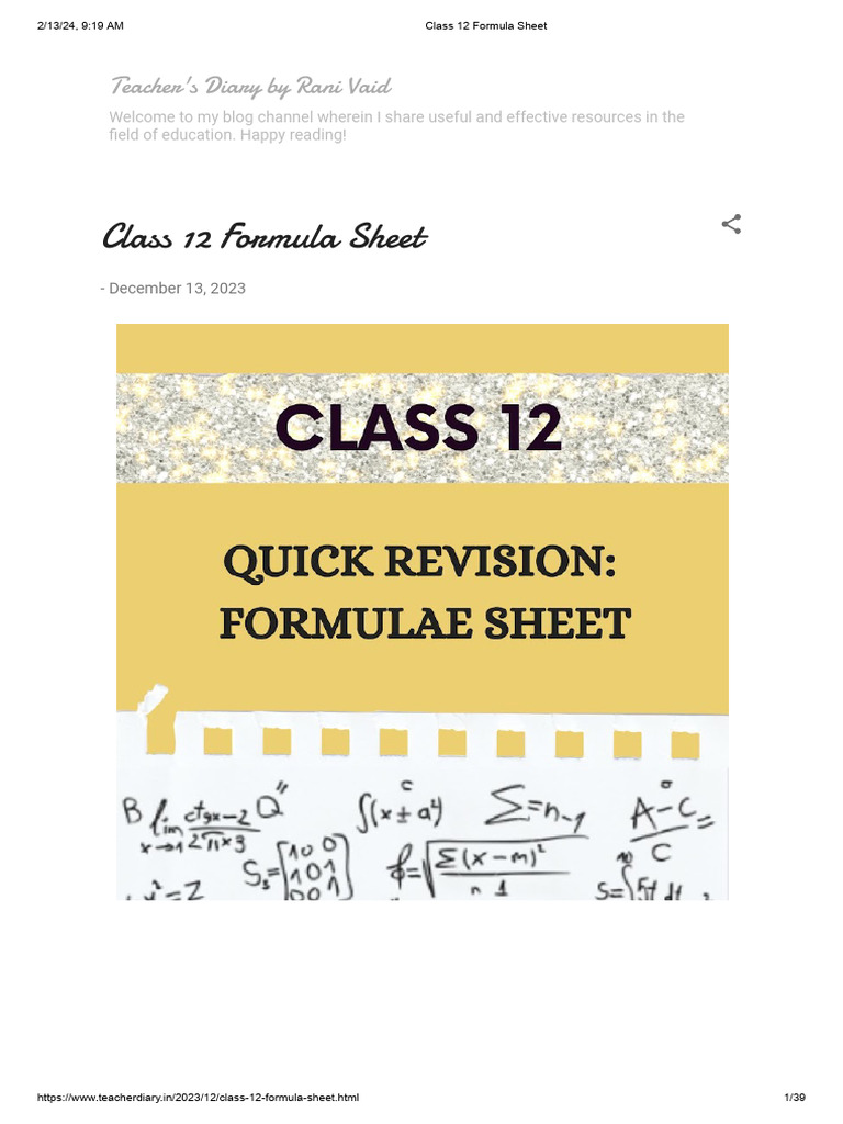 Class 12 Formula Sheet | PDF | Human Communication | Learning