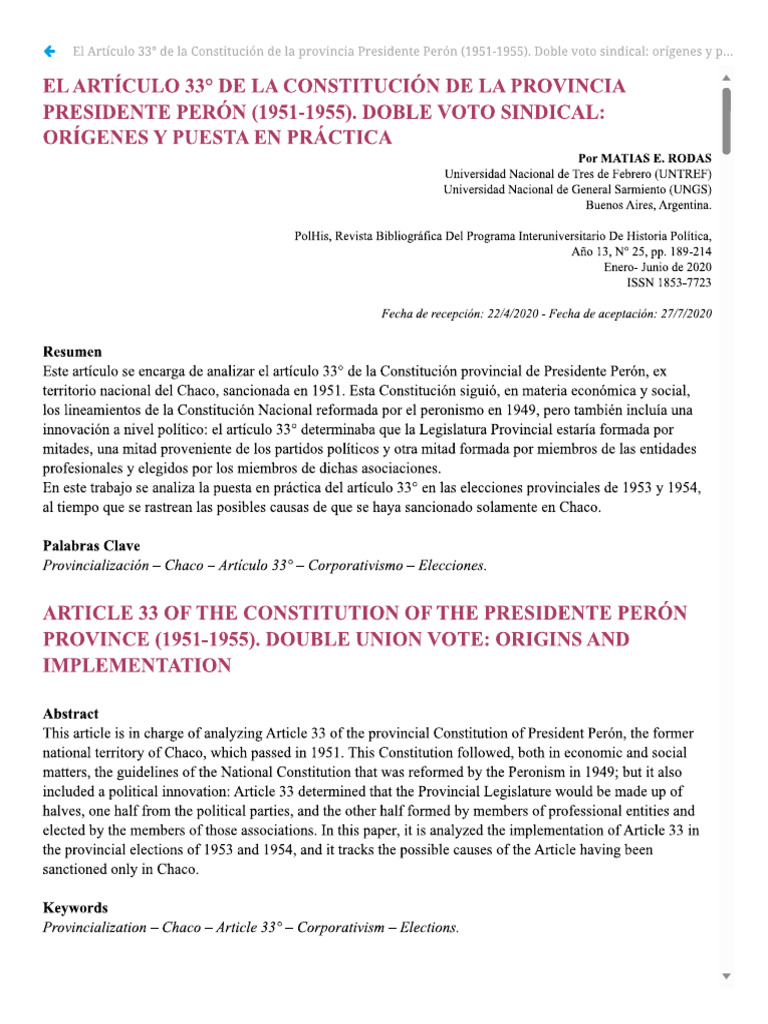 Art33 Constitucion Provincia Presidente Peron Doble Voto Sindical | PDF