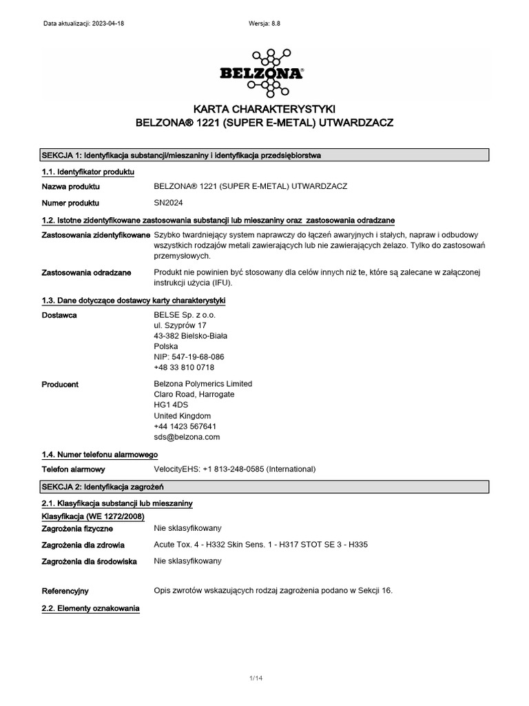 Karta Charakterystyki Belzona® 1221 (Super E-Metal) Utwardzacz | PDF