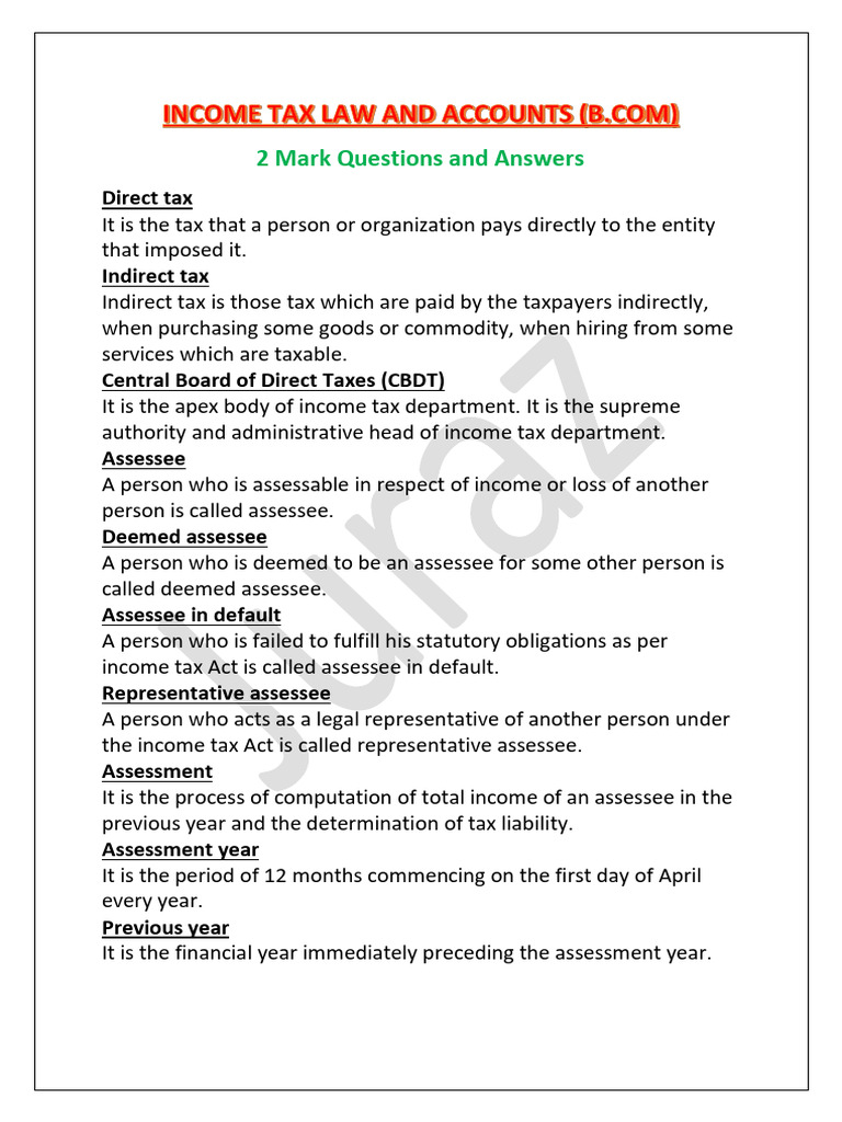 Income Tax-Law Abd Accounts-2 Mark Questions and Answers | PDF