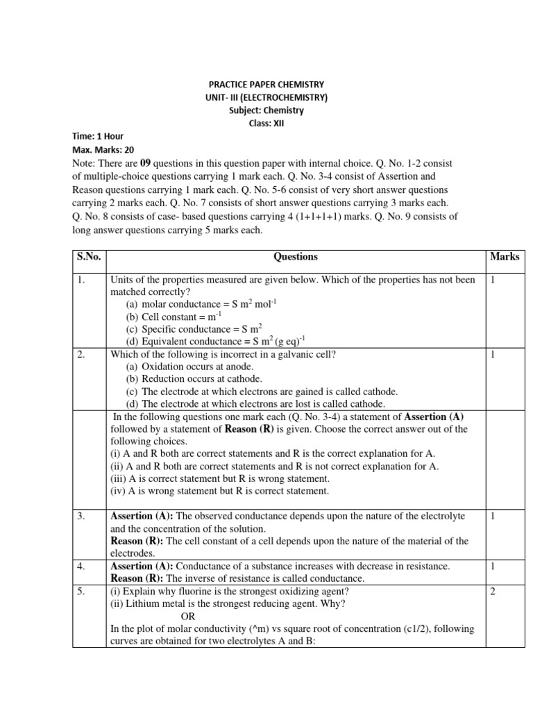 Practice Paper Chem 12, Unit-Iii | PDF | Redox | Electromagnetism