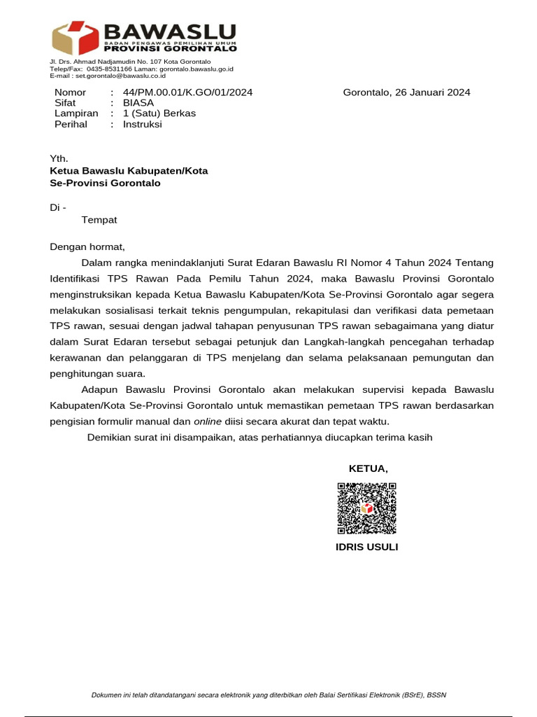 Surat Instruksi Ke Bawaslu KabKota Se Provinsi Gorontalo - Identifikasi ... Surat Instruksi Ke Bawaslu KabKota Se Provinsi Gorontalo - Identifikasi ...