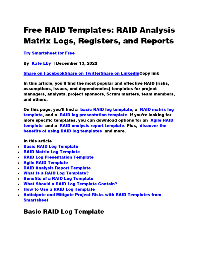 Raid Log Template | PDF | Agile Software Development | Risk