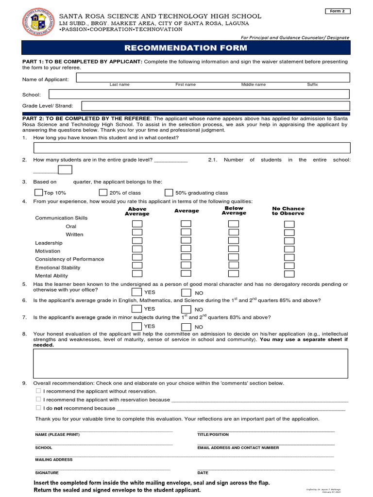 STENEX Recommendation Form | PDF | Cognitive Science | Behavior Modification