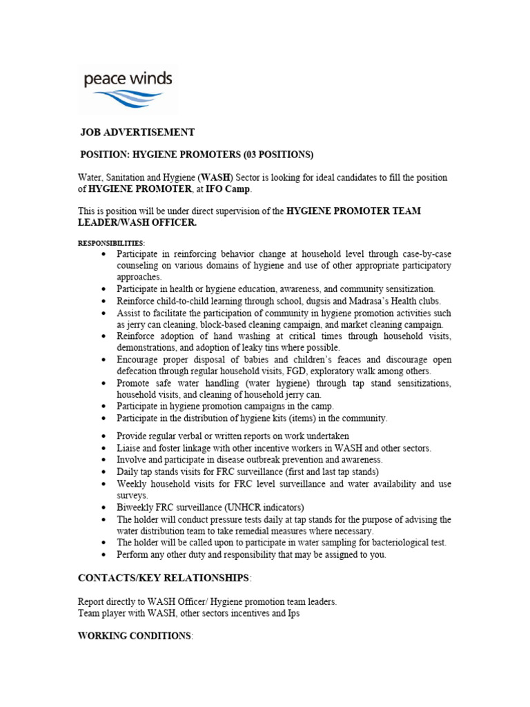Hygiene Promoter Job Opening at IFO Camp | PDF | Social Science | Wellness