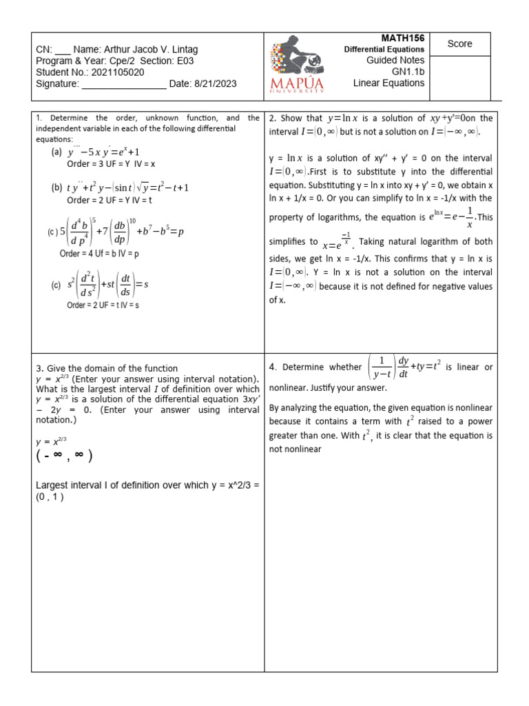 GN1.1b Classifying Differential Equations | PDF | Nonlinear System | Differential Equations
