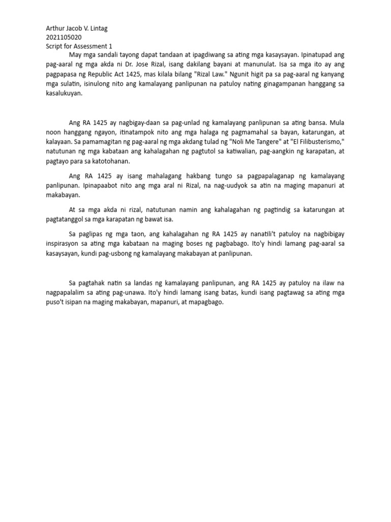 Rizal Script Assessment1 | PDF