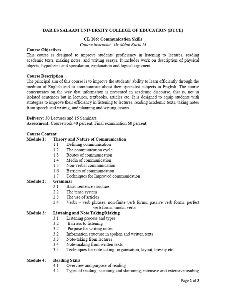 CL 106 COURSE OUTLINE 2021-22 | PDF | Verb | Communication