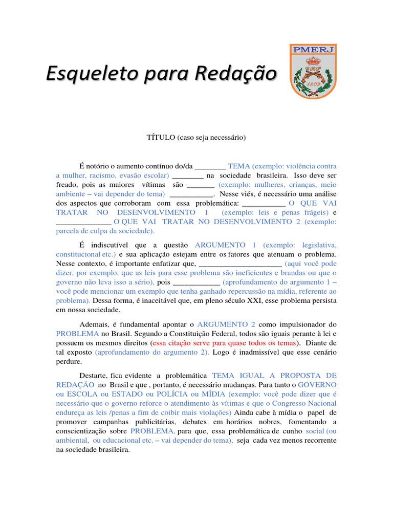 Esqueleto de Redação PMERJ | PDF