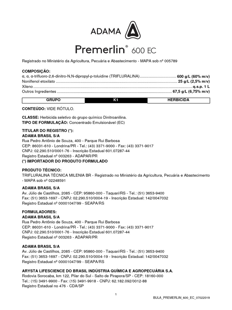 UTF-8''Premerlin® 600 EC - Bula | PDF | Agricultura | Voo