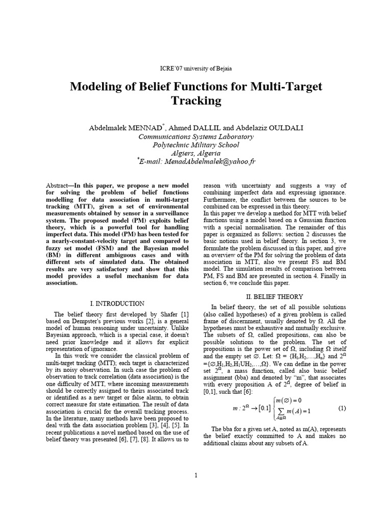 Modeling of Belief Functions For Multi-Target Tracking | PDF | Logic | Mathematics