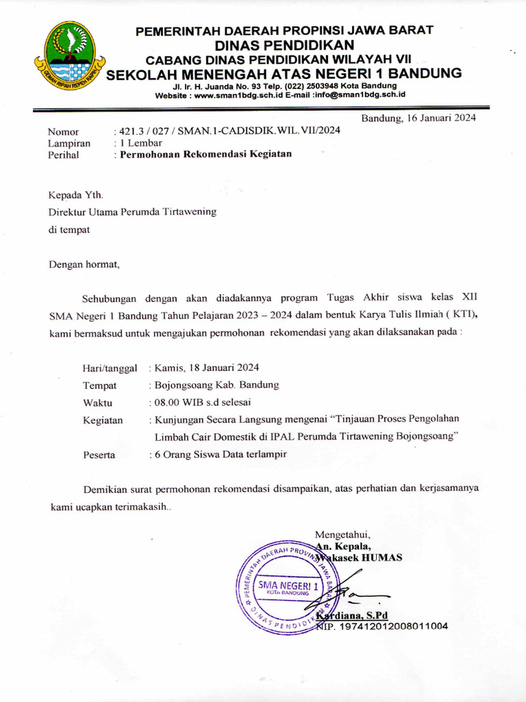 Surat Permohonan Kunjungan Dari SMANSA Bandung | PDF