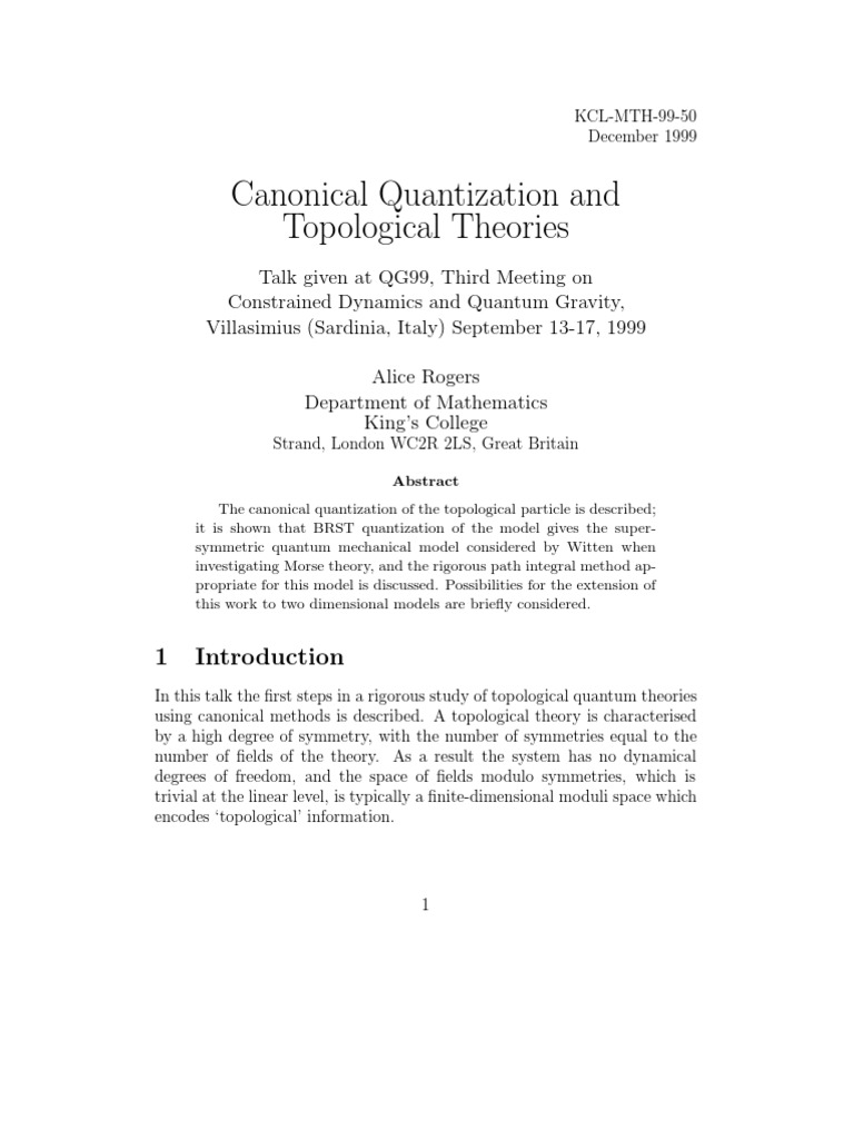 Canonical Quantization and Topological Theories | PDF | Quantization (Physics) | Quantum Mechanics