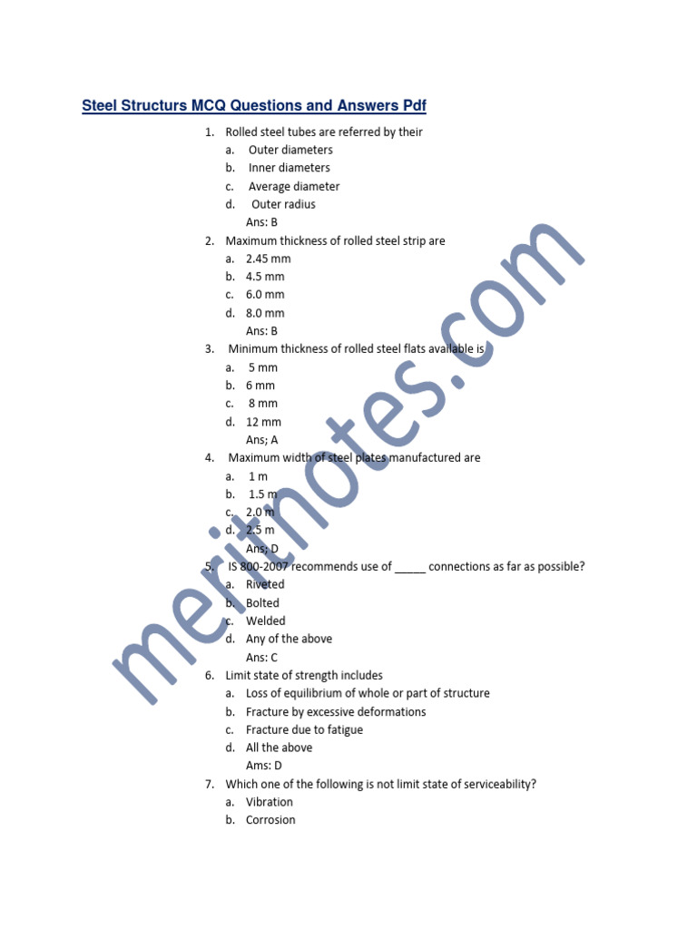 Civil Engineering Steel Structures MCQ Questions | PDF