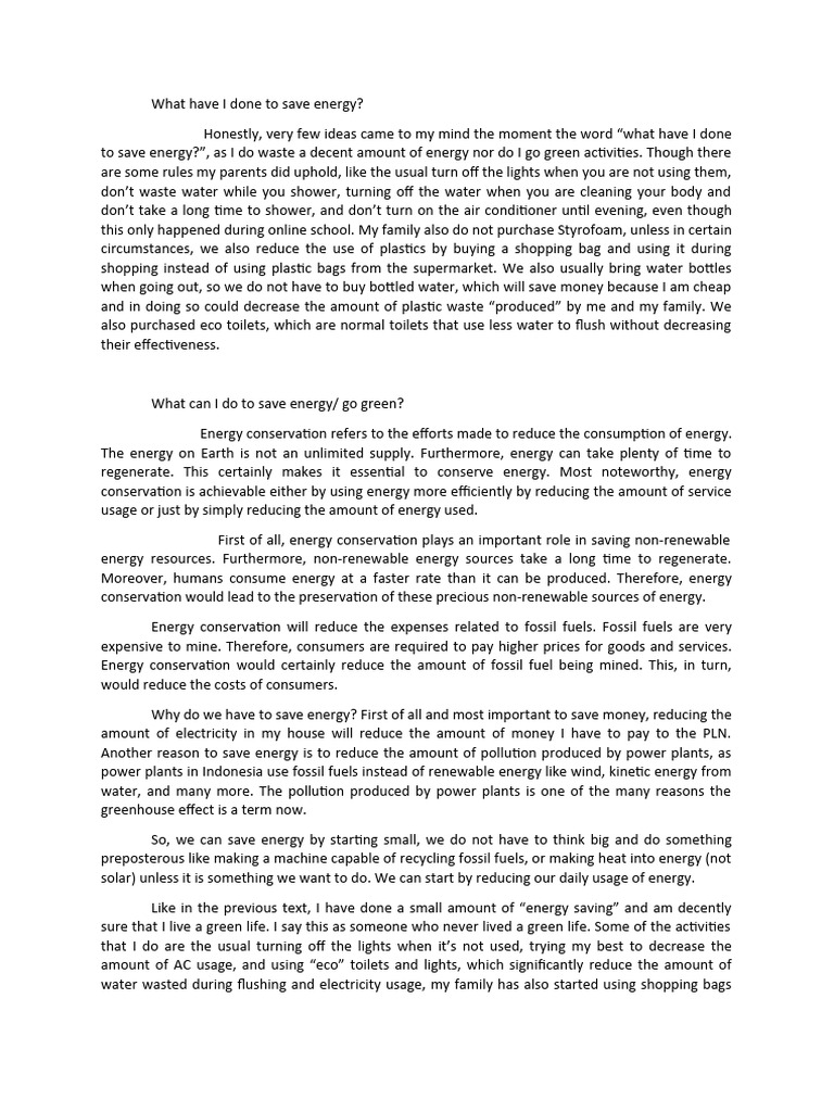 Go Green Essay Exercise | PDF | Energy Conservation | Energy Development