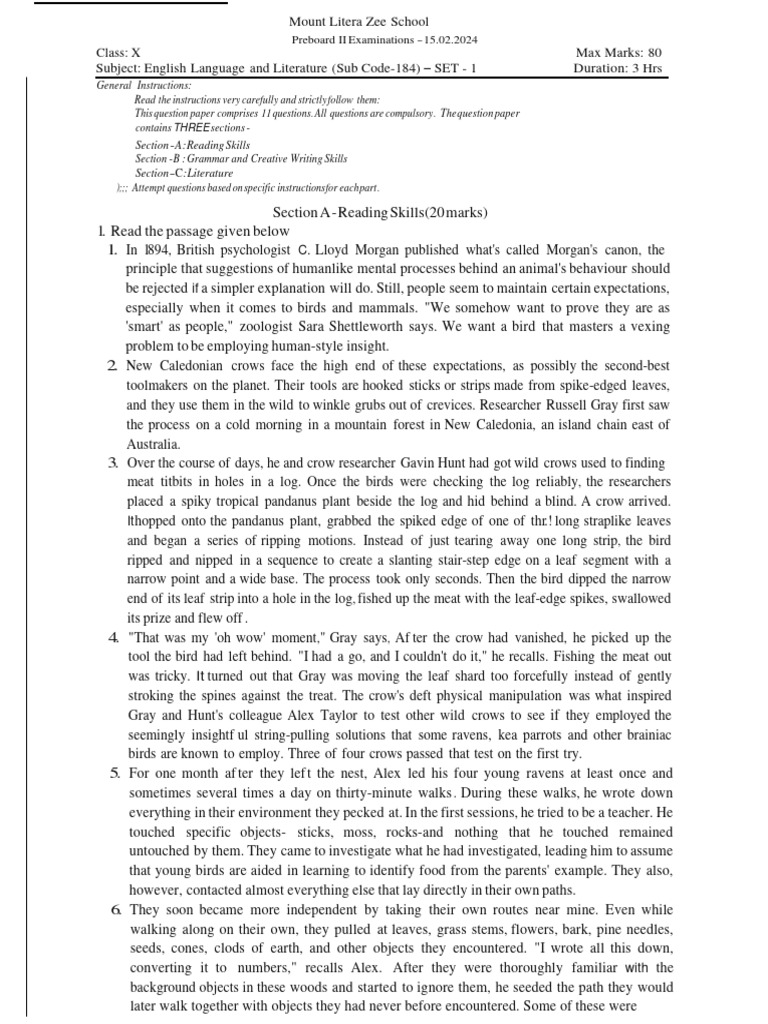 English - Set One - Grade 10 | PDF