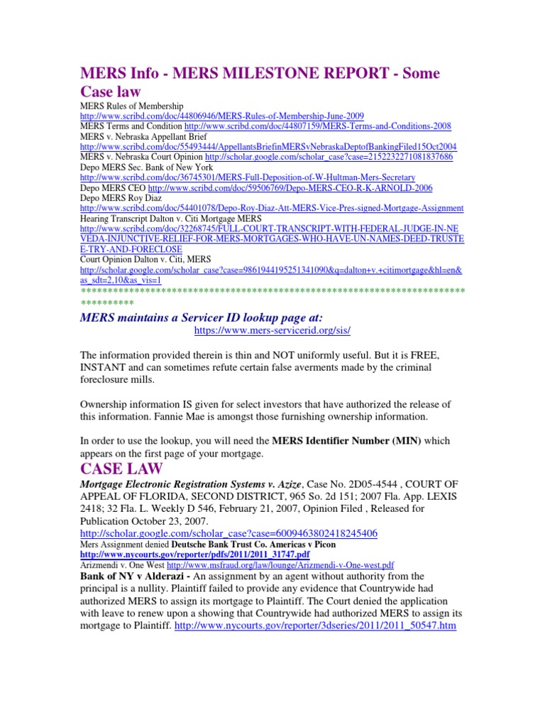 MERS Case Law - MERS Milestone Report | PDF | Common Law | Loans
