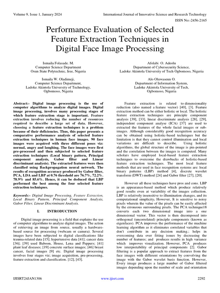 Performance Evaluation of Selected Feature Extraction Techniques in ...