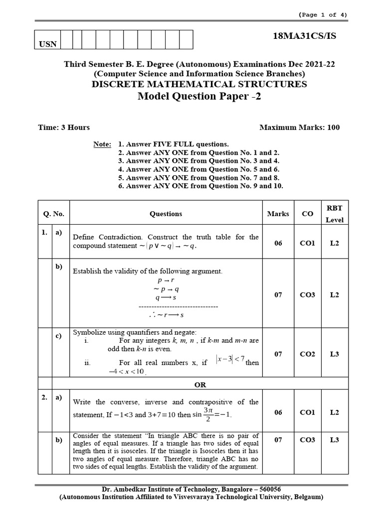Model QP 2 18ma31csis - 2021-22 | PDF | Mathematical Concepts | Applied Mathematics