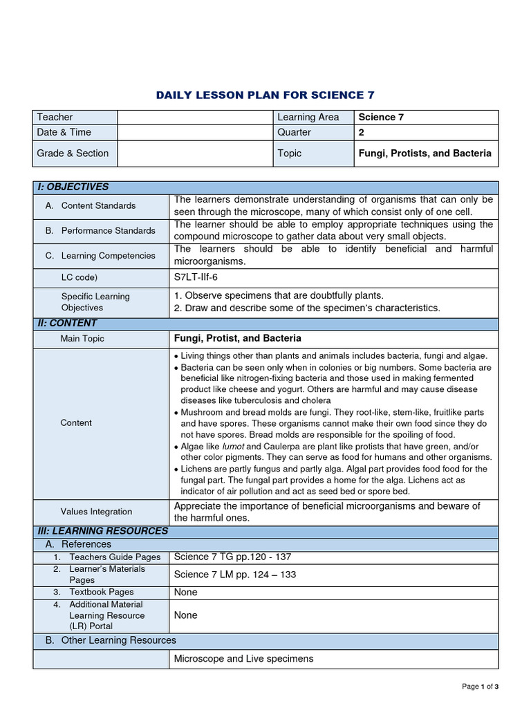 Lesson Plan For Science G7 12 | PDF | Fungus | Algae