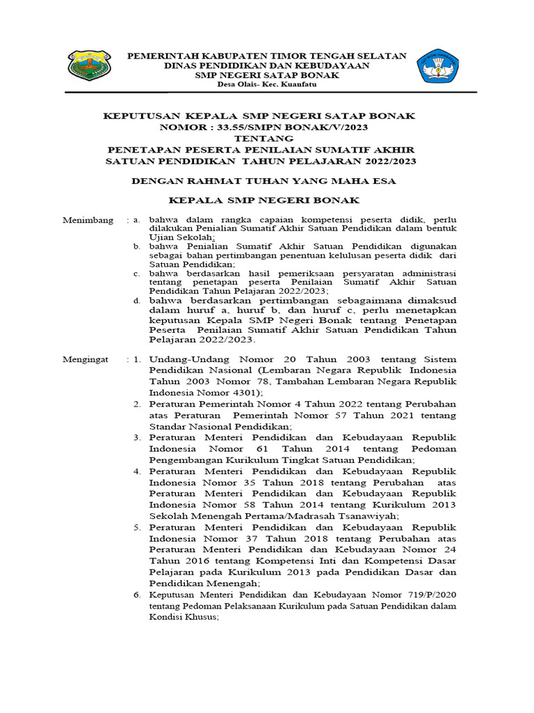 5.SK PENETAPAN PESERTA PSASP TP 2022-2023 - Bonak | PDF